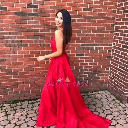 Simple Red Straps Long Prom Evening Dress on Luulla