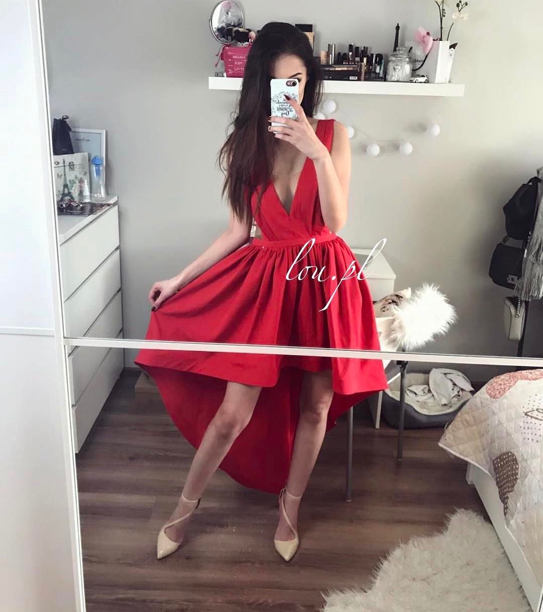 Deep V Neck High Low Red Homecoming Dress on Luulla