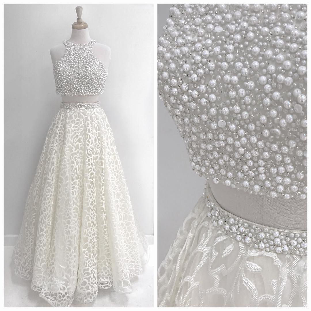 Two Piece White Long Prom Dress With Pearls on Luulla