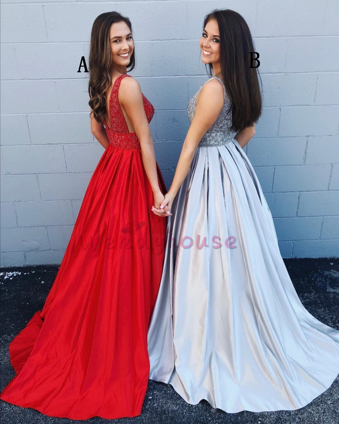 Red Beading V Back Long Prom Dress With Pockets on Luulla