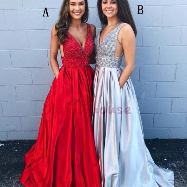 Red Beading V Back Long Prom Dress With Pockets on Luulla